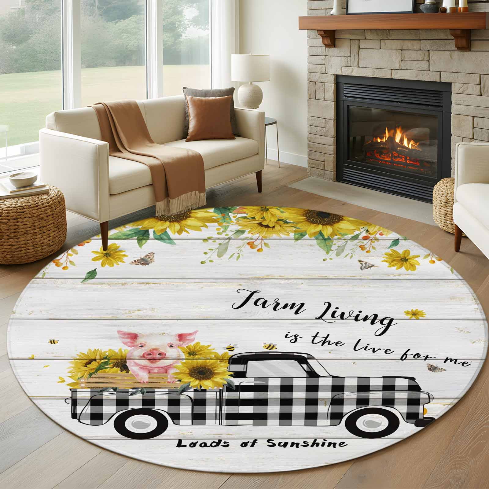 5ft Round Rug, Sunflowers Non-Skid Rubber Backing Large Area Rugs ...