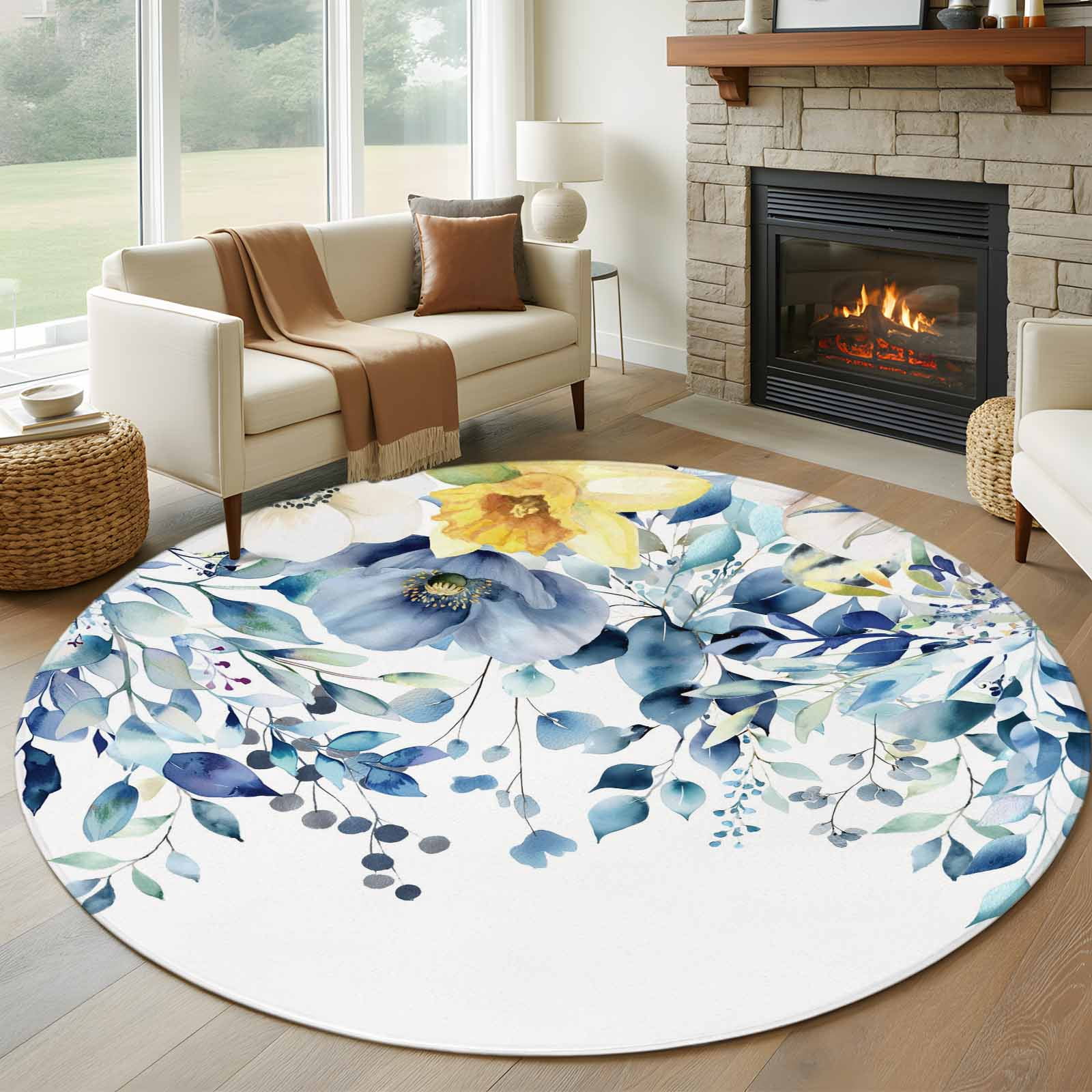 5ft Round Rug, Teal Blue Eucalyptus Non-Skid Rubber Backing Large Area ...