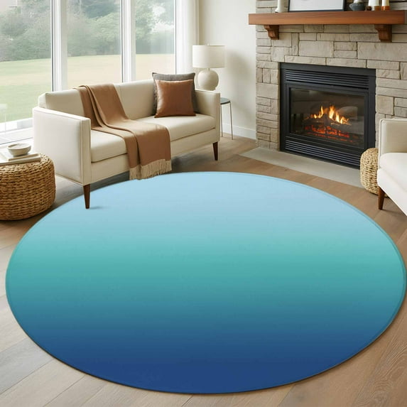 5ft Round Rug, Teal Blue Ombre Non-Skid Rubber Backing Large Area Rugs ...
