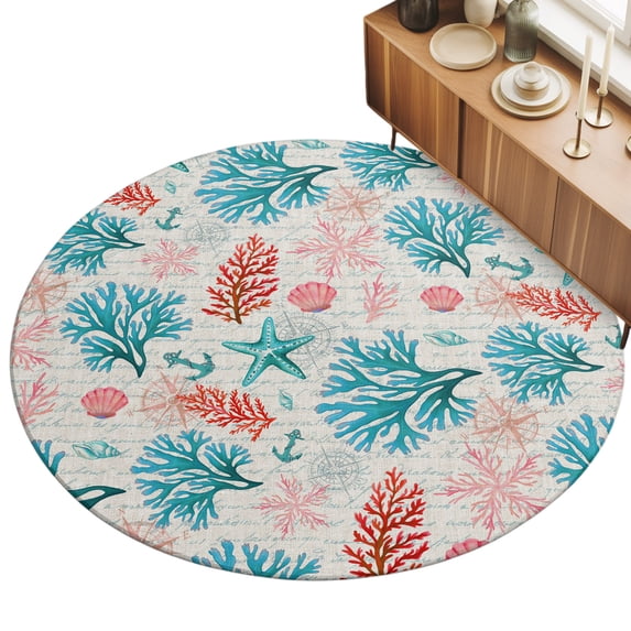 5ft Round Rug Teal Blue Red Coral Area Rugs for Living Room Bedroom ...