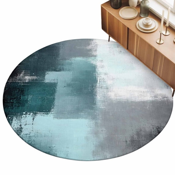 5ft Round Rug Teal Gray Area Rugs for Living Room Bedroom Washable Non ...