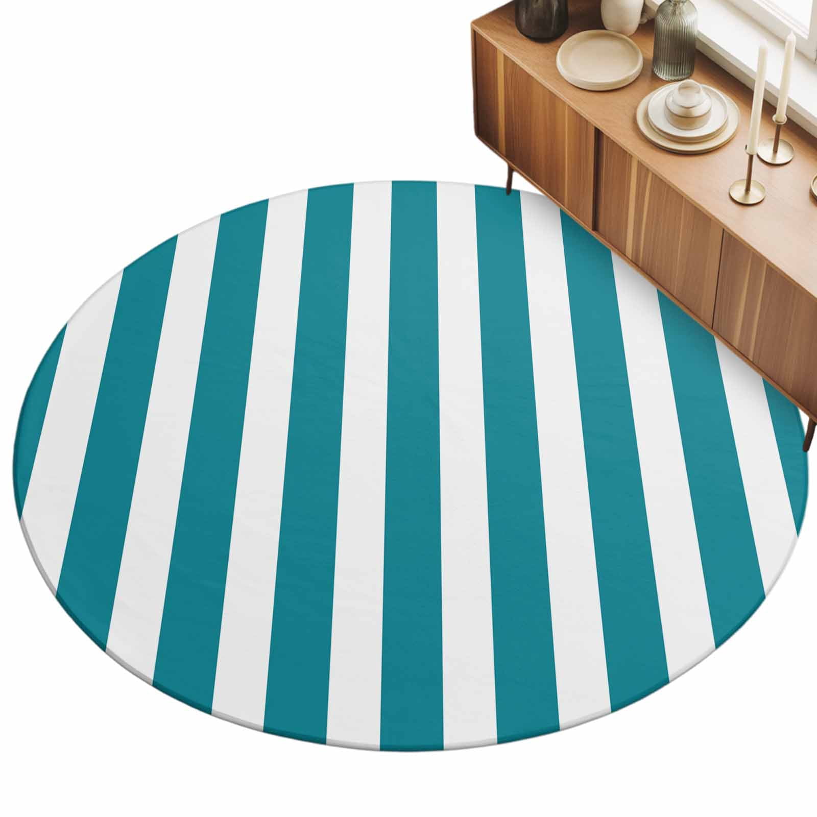 5ft Round Rug Teal Striped Area Rugs for Living Room Bedroom Washable ...