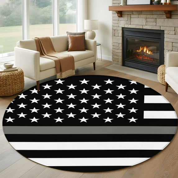 5ft Round Rug, Thin Grey White Line Non-Skid Rubber Backing Large Area ...