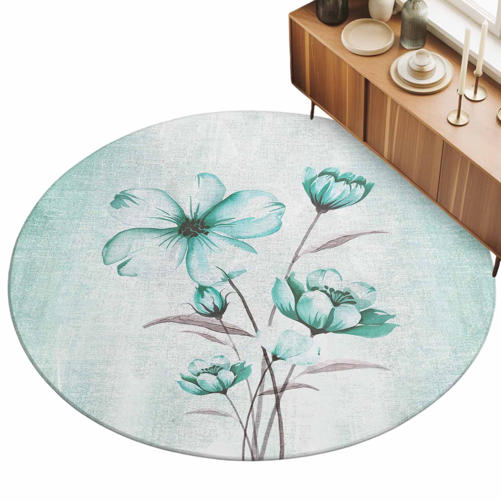 5ft Round Rug Turquoise Flowers Area Rugs for Living Room Bedroom ...