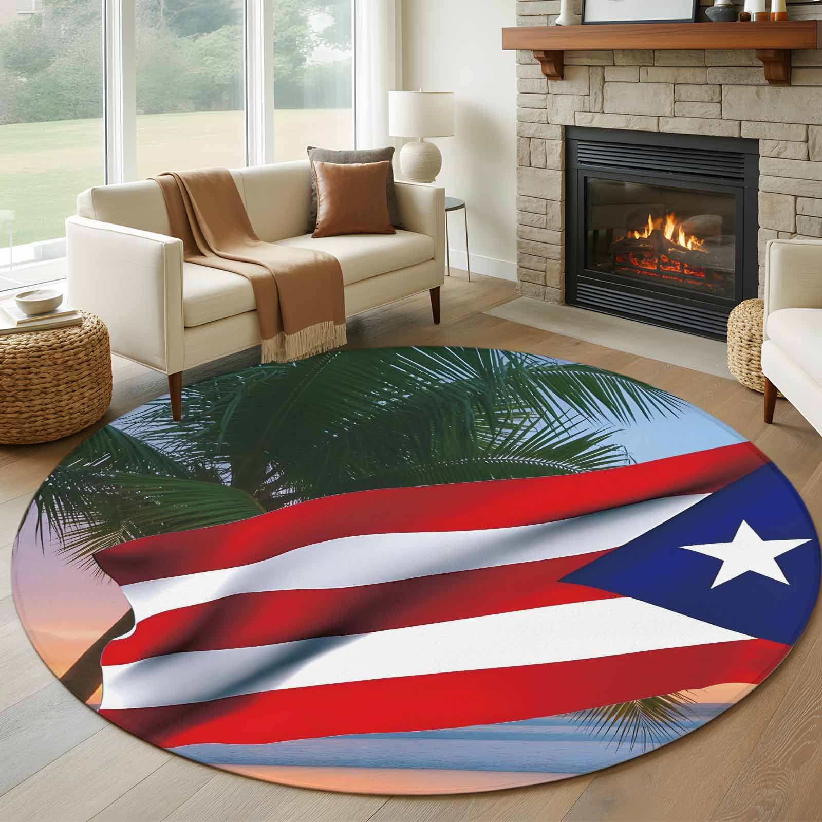 5ft Round Rug, USA Flag Non-Skid Rubber Backing Large Area Rugs ...