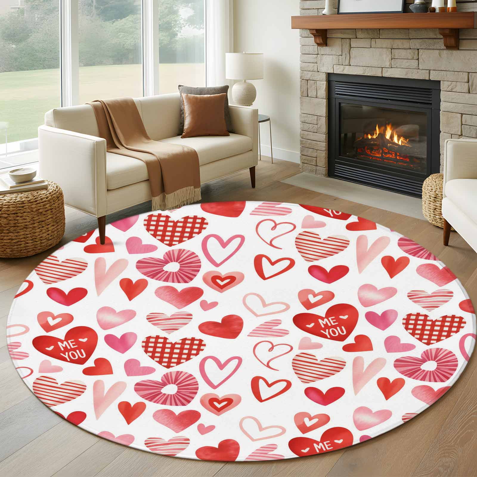 5ft Round Rug, Valentine's Day Non-Skid Rubber Backing Large Area Rugs ...