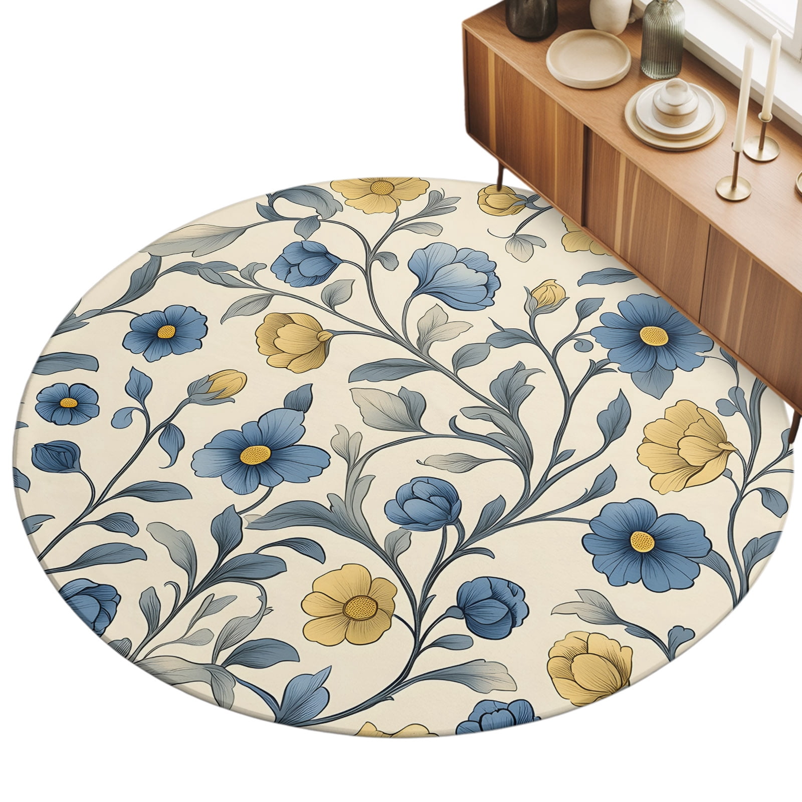 5ft Round Rug Vintage Blue Yellow Area Rugs for Living Room Bedroom ...