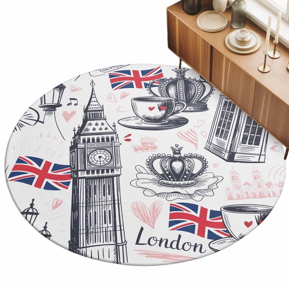 5ft Round Rug Vintage London Area Rugs for Living Room Bedroom Washable ...