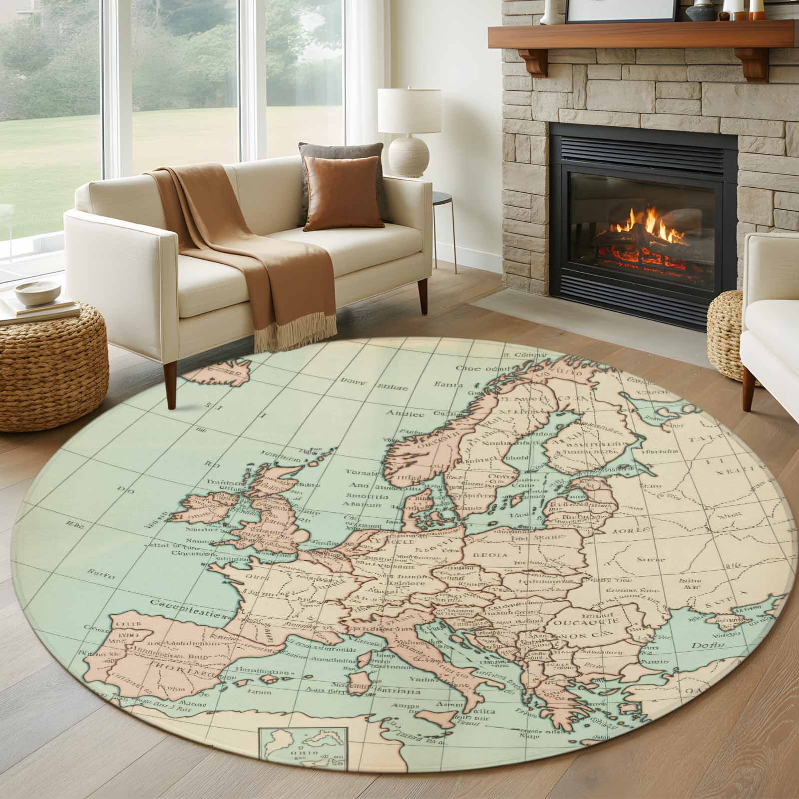 5ft Round Rug, Vintage Map Non-Skid Rubber Backing Large Area Rugs ...