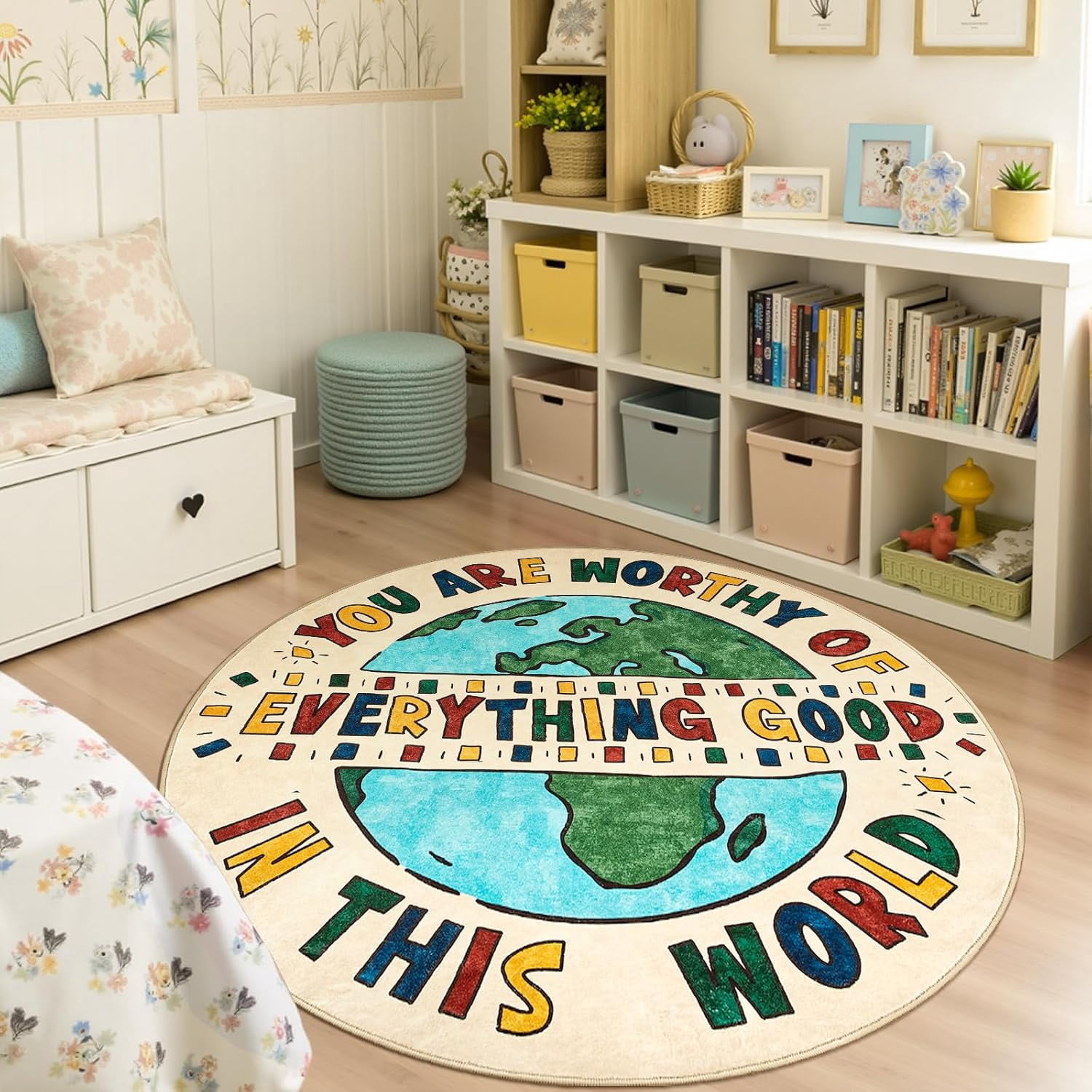 5ft Round Rug Washable Fun Rug You are Worthy Playroom Mat Non Slip ...