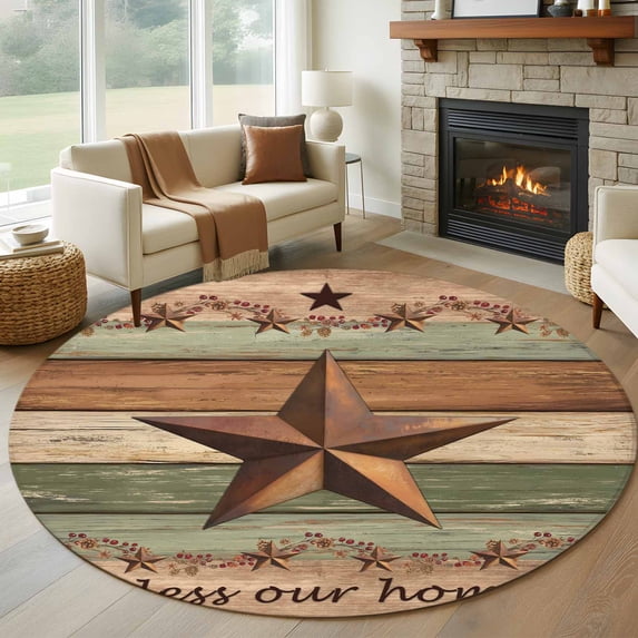5ft Round Rug, Western Texas Star Retro Non-Skid Rubber Backing Large ...