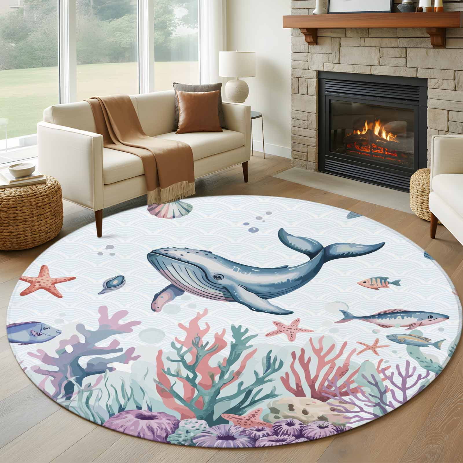5ft Round Rug, Whale Coastal Non-Skid Rubber Backing Large Area Rugs ...