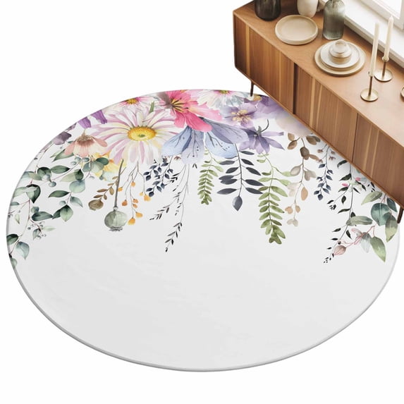 5ft Round Rug Wild Flowers Area Rugs for Living Room Bedroom Washable ...