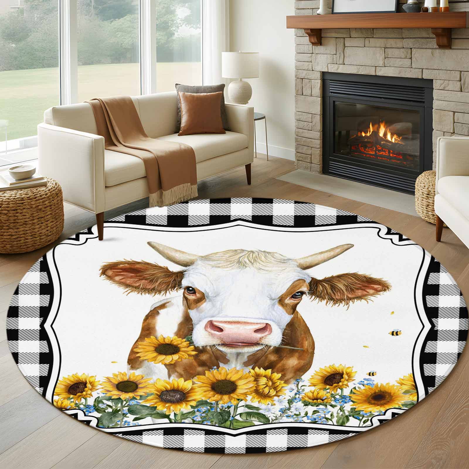 5ft Round Rug, Yak Sunflowers Non-Skid Rubber Backing Large Area Rugs ...