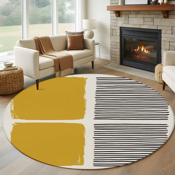 5ft Round Rug, Yellow Non-Skid Rubber Backing Large Area Rugs - Living ...