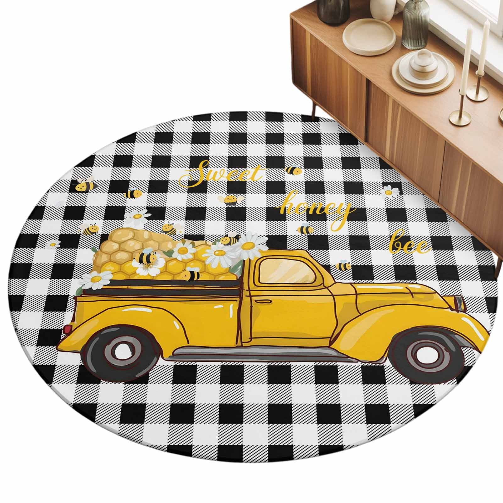 5ft Round Rug Yellow Truck Area Rugs for Living Room Bedroom Washable ...