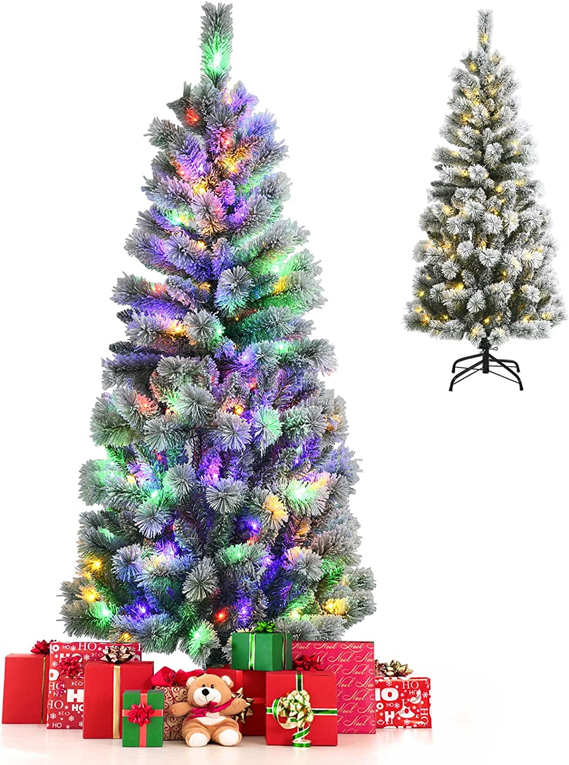 5ft Snow Flocked Artificial Christmas Tree, Pre-lit Pine Tree w/ 9 Lighting Modes, 279 PVC ...