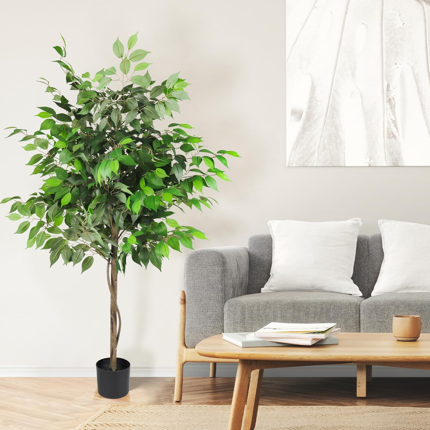 5ft Tall Artificial Ficus Tree Topiaries Tree with Pot for Outdoor and ...