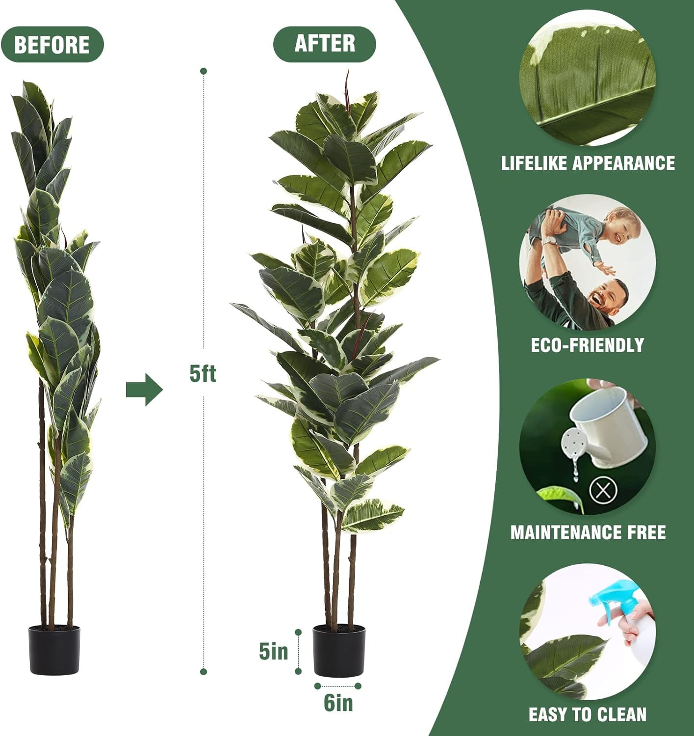 5ft Tall Artificial Rubber Tree Plant Faux Ficus Tree Decorative House ...