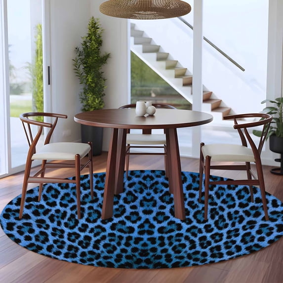 5ft Washable Round Rug, Retro Blue Leopard Non-Slip Circle Area Rug for ...