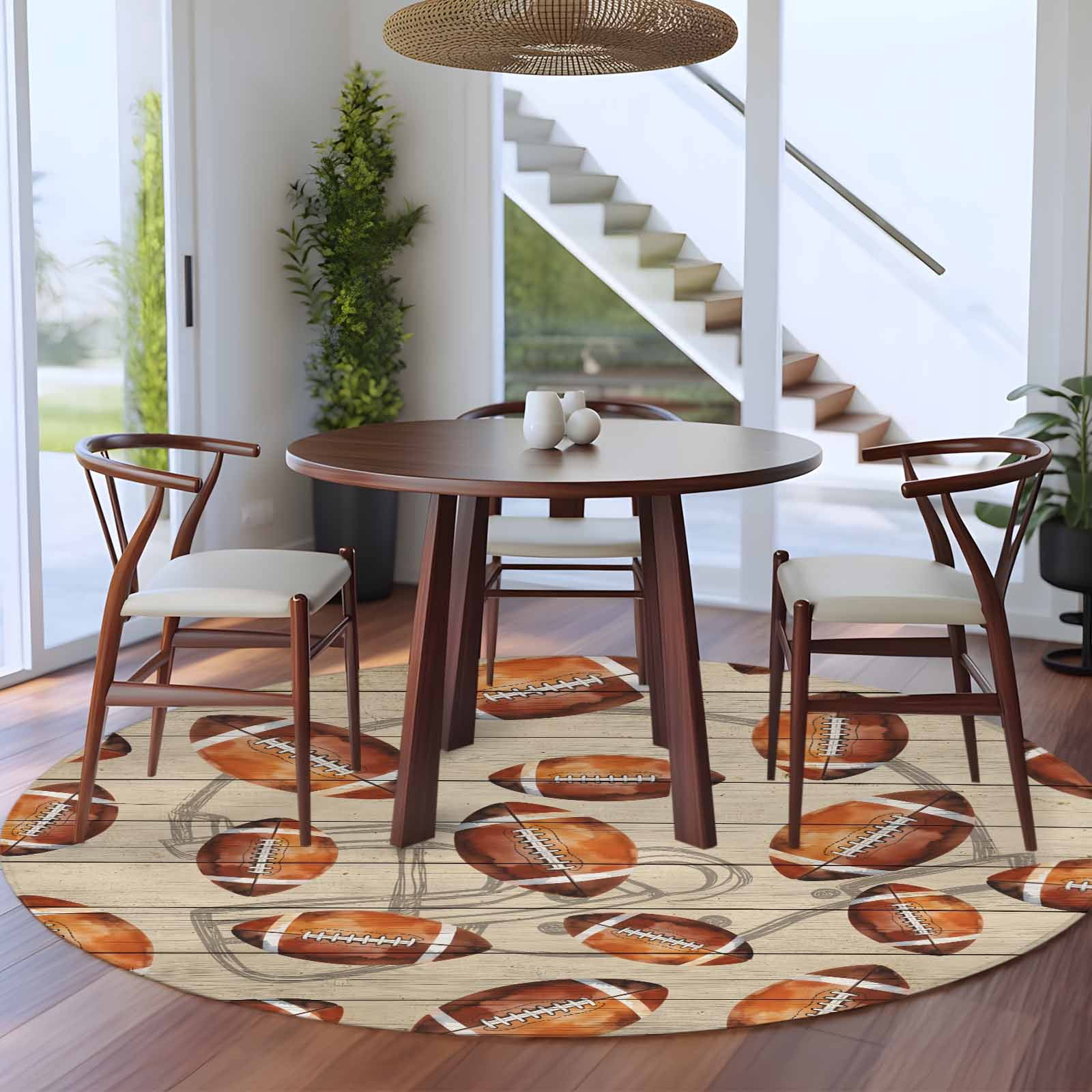 5ft Washable Round Rug, Rugby Balls Non-Slip Circle Area Rug for Living ...