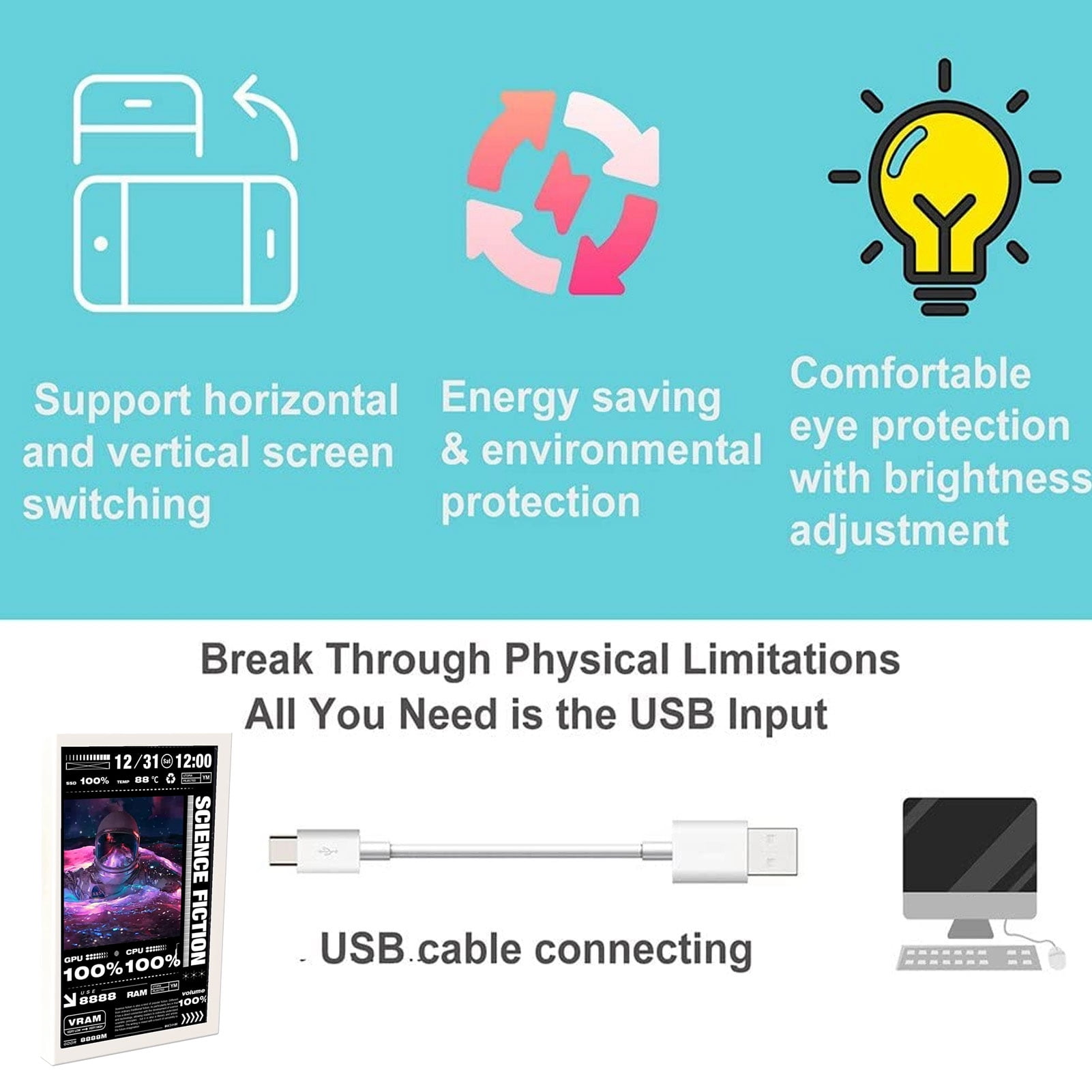 5in Computer Temp Monitor 360 Degree Rotation DIY Theme USB Mini Screen ...