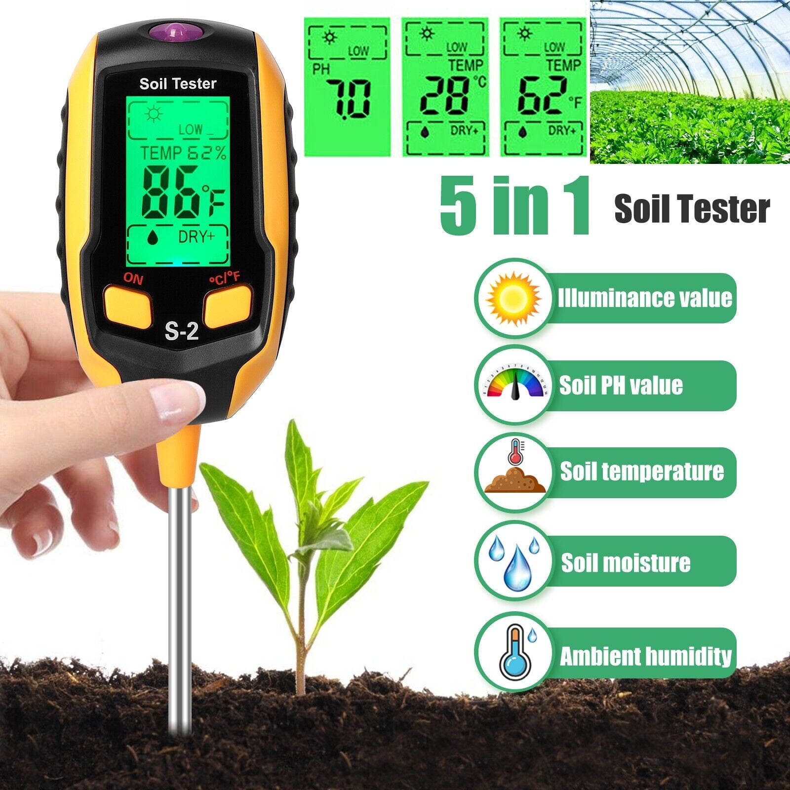 5in1 LCD Digital PH Soil Tester Plant Lawn Water Moisture Temperature ...