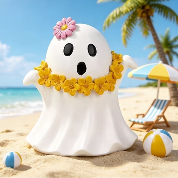 5inch Cute Ghost Figurine with Flower Garland, White & Yellow Tabletop ...