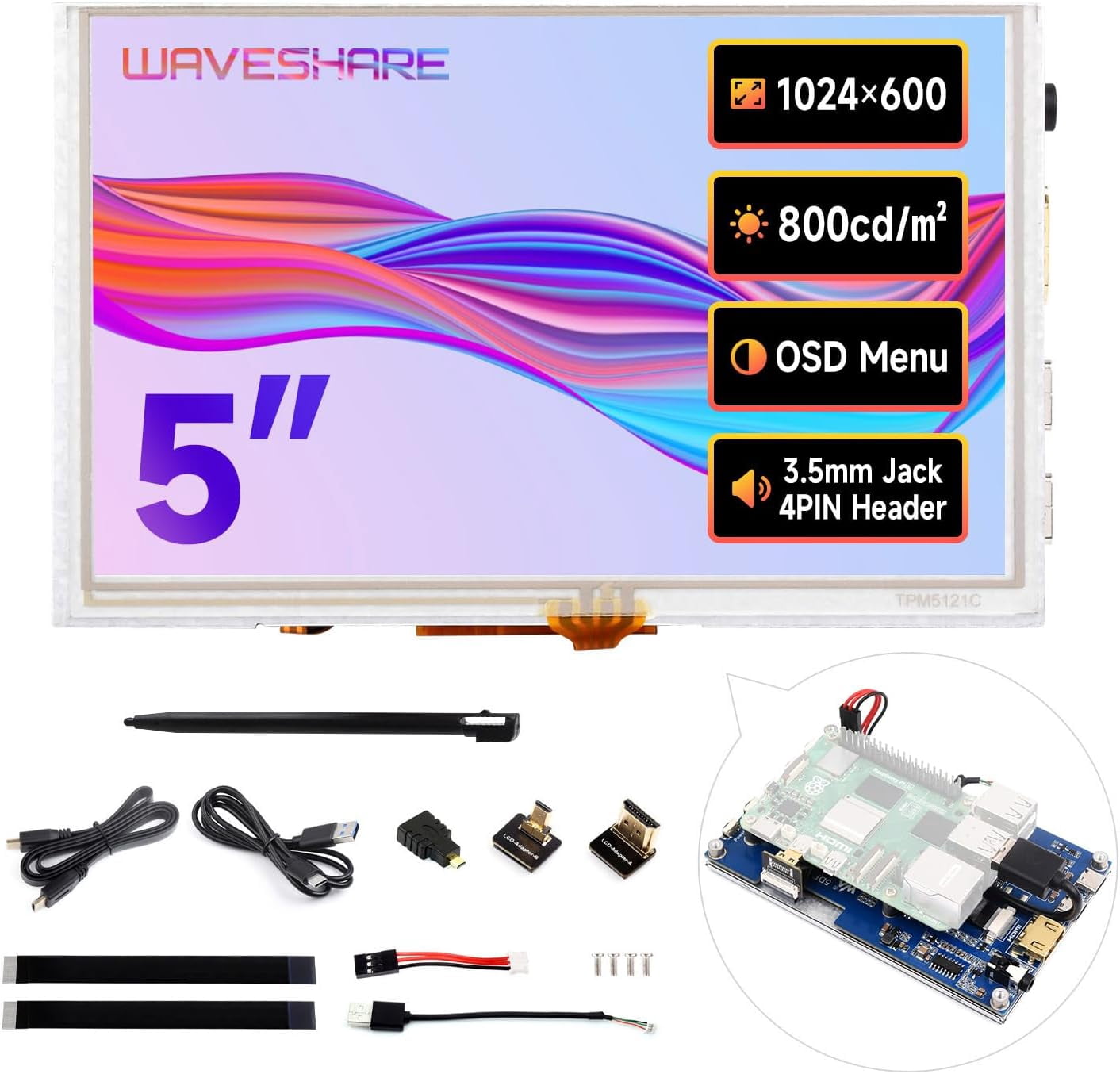 5inch High-Brightness Touch Screen, Compatible with Raspberry Pi 5/4B ...