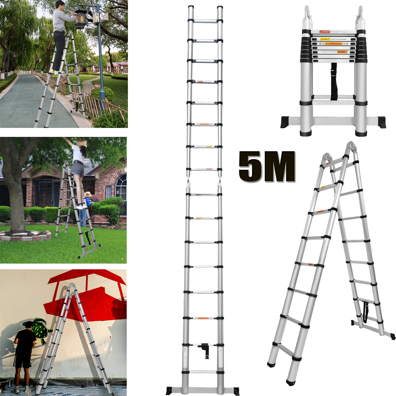 5m Telescoping Ladder Aluminum A-Frame (2.5m+2.5m) Collapsible ...