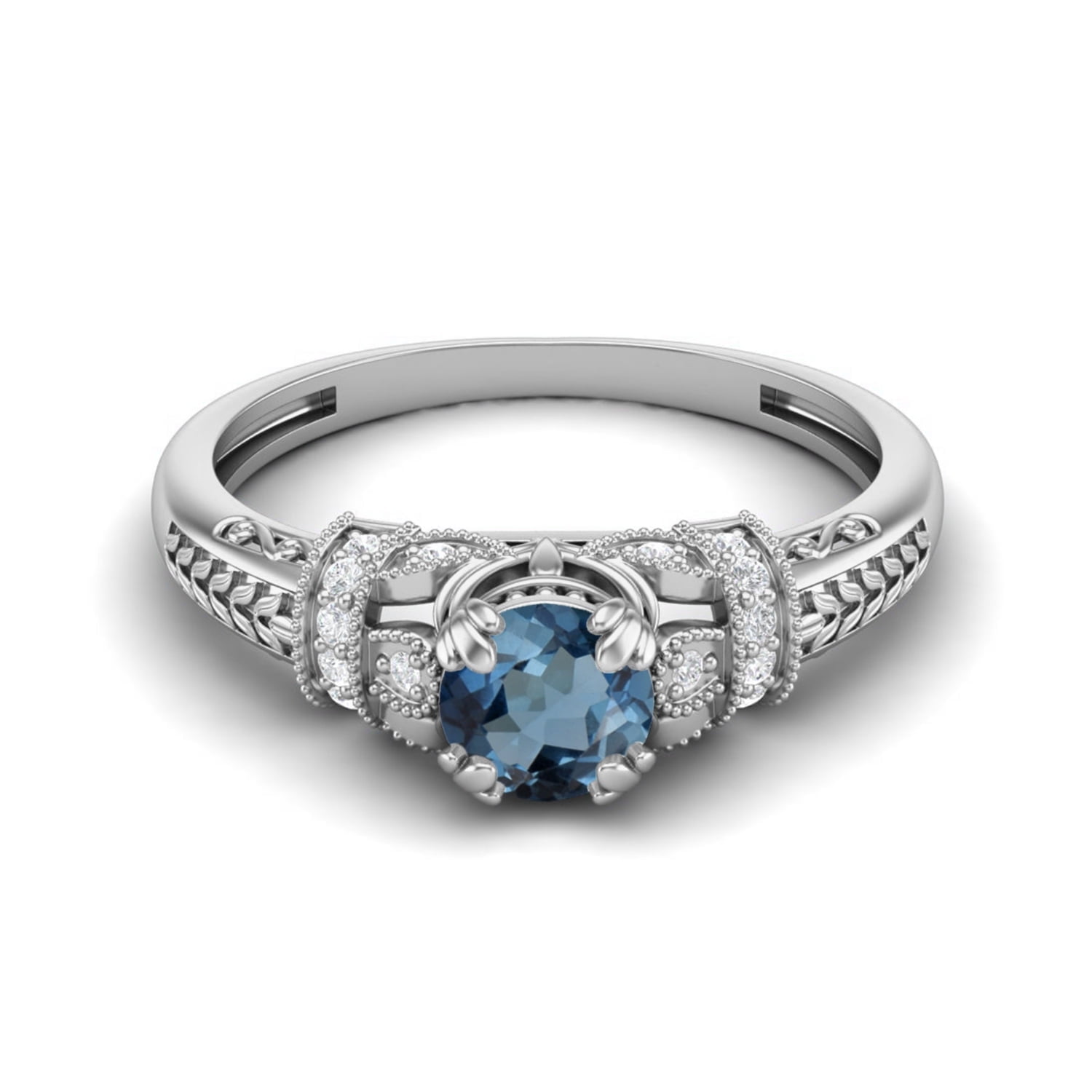 Mooneye 5mm Round London Blue Topaz, 925 Sterling Silver Solitaire Blossom Design Ring, Zirconia ...