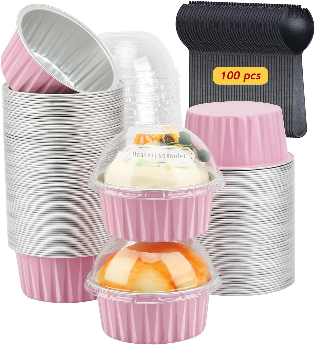 5oz Cupcake Pans with Dome Lids 100 Pack, Aluminum Foil Small Cake ...