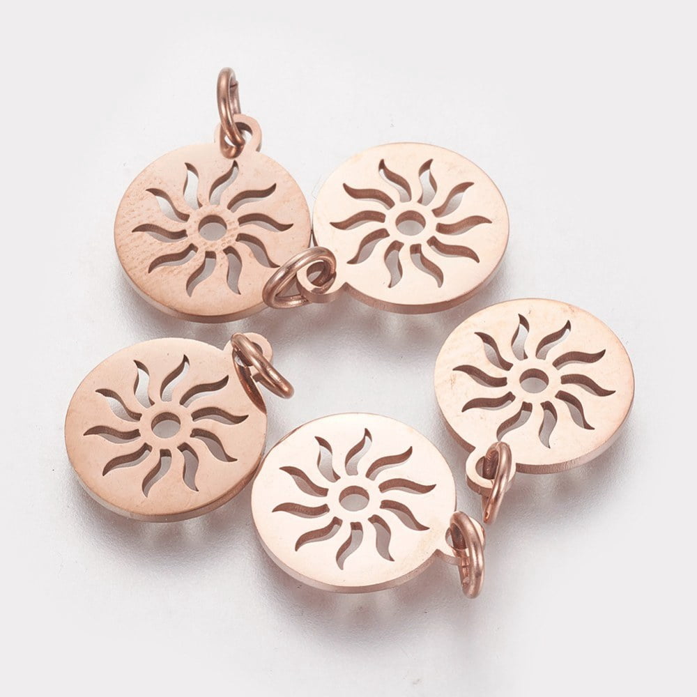 5pc 304 Stainless Steel Pendants Flat Round with Sun Rose Gold 14x12x1 ...