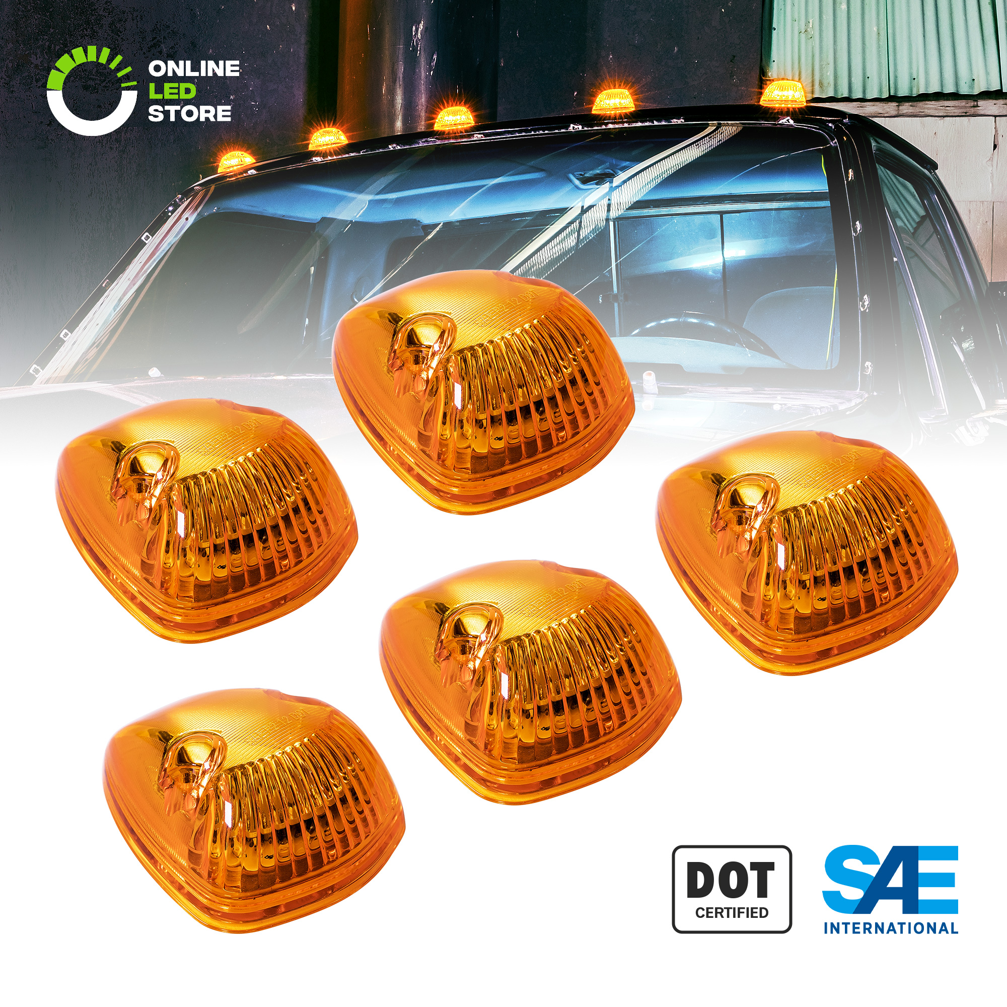 5pc Amber LED Cab Lights DOT/SAE Certified 12 LED Waterproof Heavy Duty ...