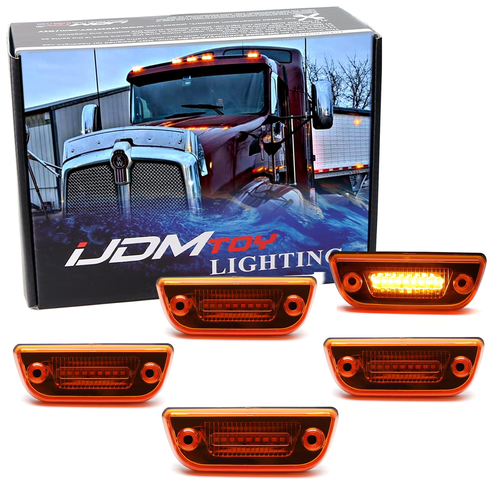 5pc Amber Lens Super Bright Amber Full LED Front Cab Roof Marker Lights ...