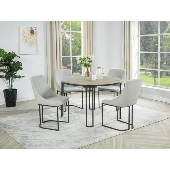 5pc Beautiful Dining Set Round Woodgrain Finish Metal Frame Sleek Open ...