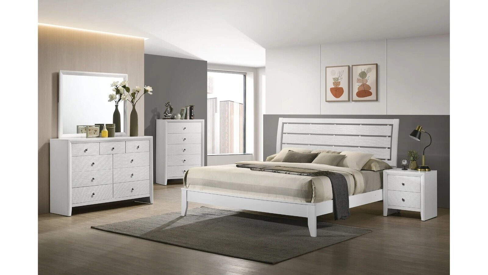 5pc Beautiful White Finish King Size Panel Bed Set Wooden Master ...