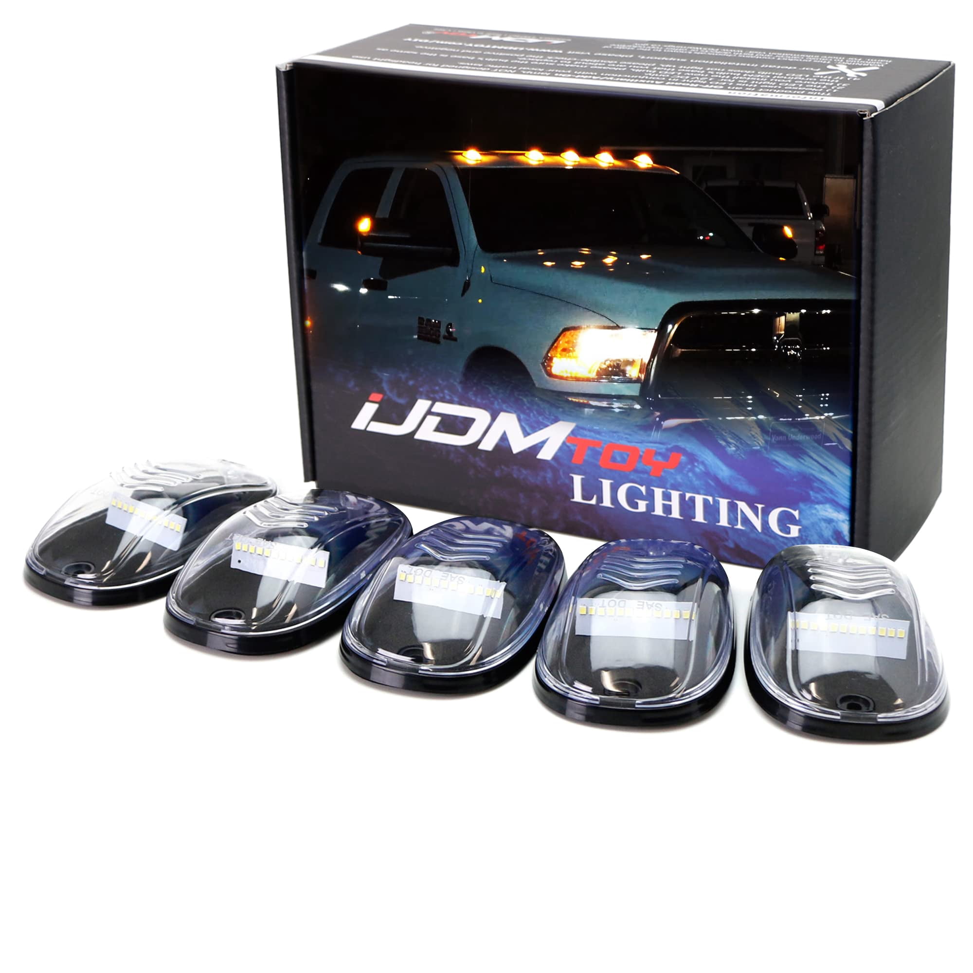 5pc Clear Lens Cab Roof Marker Lamps w/Amber Yellow Full Strip LED ...