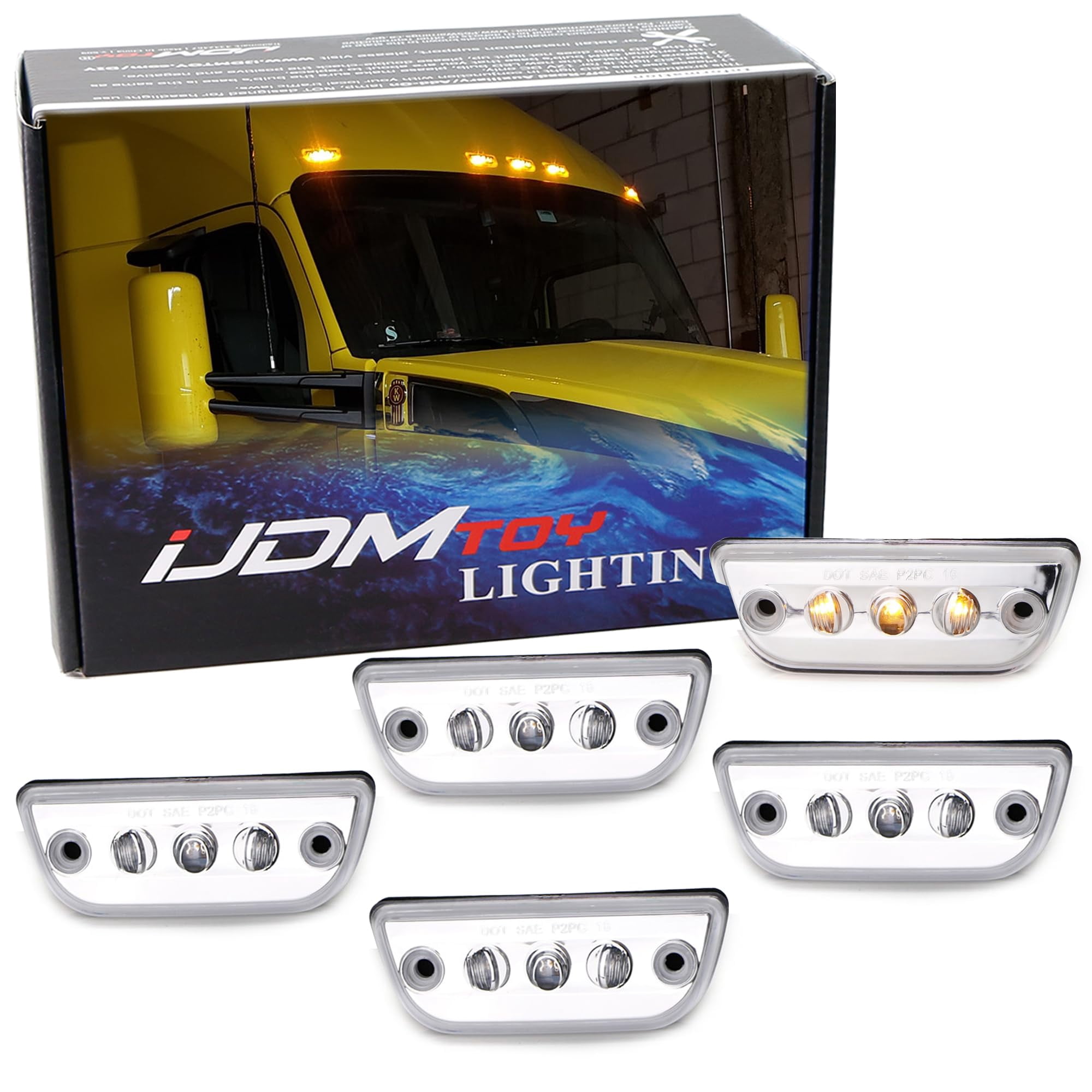 5pc Clear Lens Chrome Finish Super Bright Amber Full LED Front Cab Roof ...