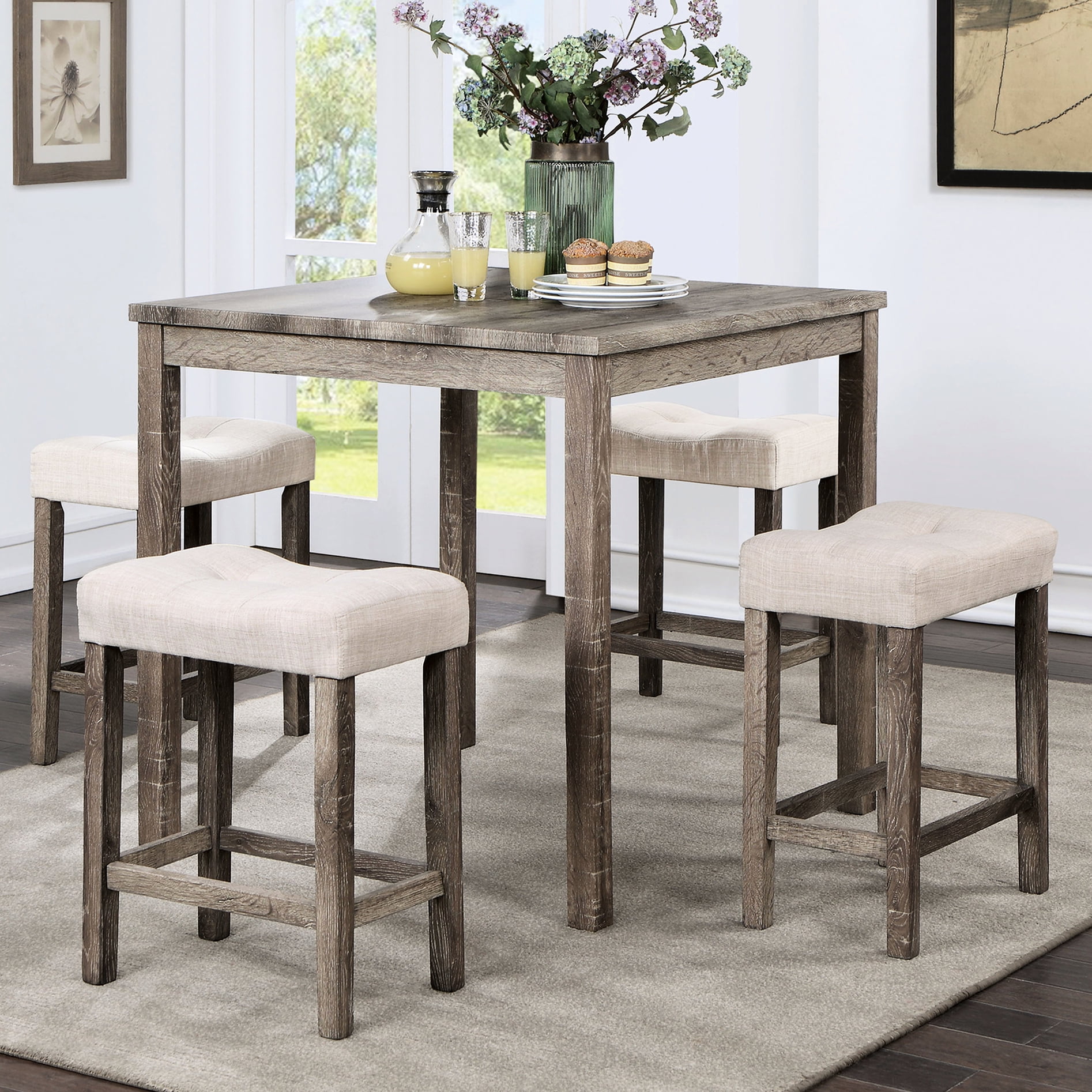 5pc Counter Height Dining : Gray Table, 4 Beige Fabric Upholstered ...