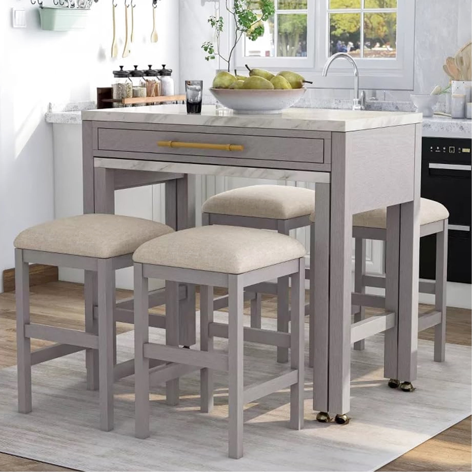 5pc Counter Height Dining With Faux Marble Top - Rectangular Table ...