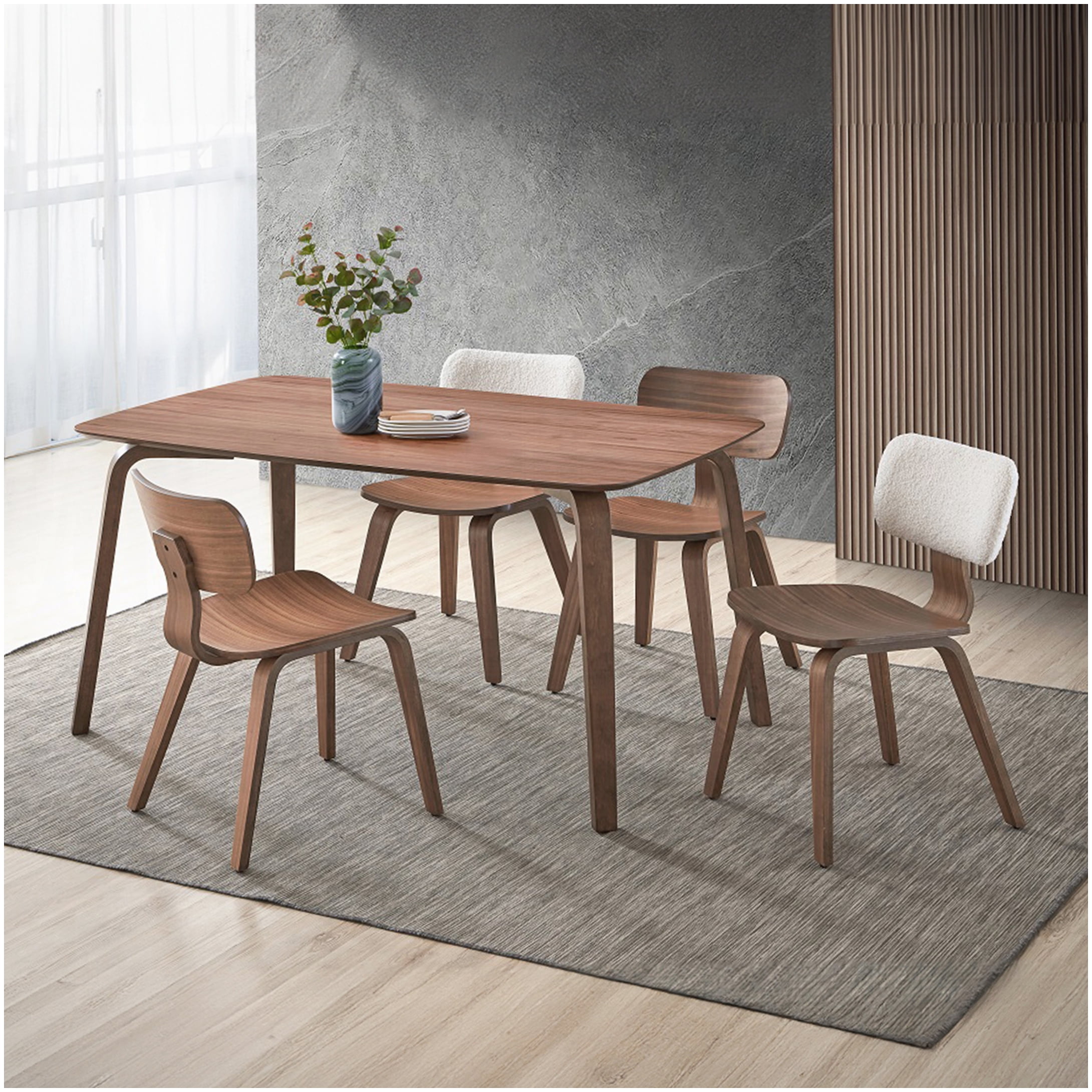 5pc Curved Leg Dining Table and Chairs Set in Walnut, Modern Farmhouse ...
