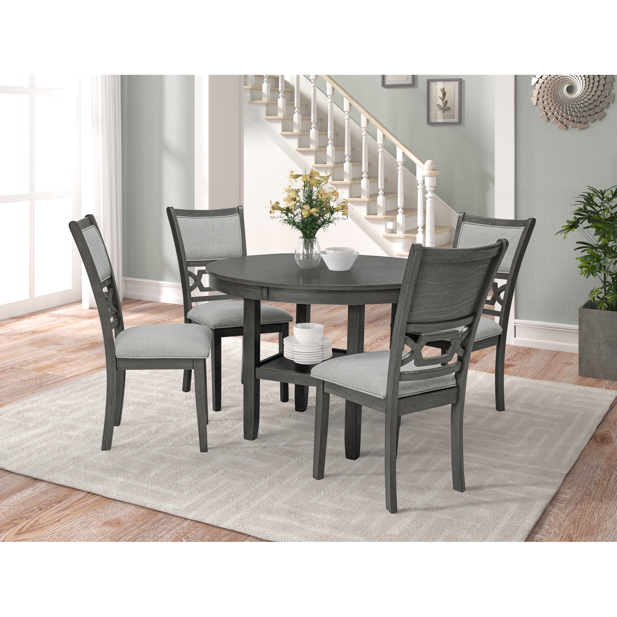 5pc Dining With Round Table And 4 Chairs, Extra Storage Shelves, Gray ...
