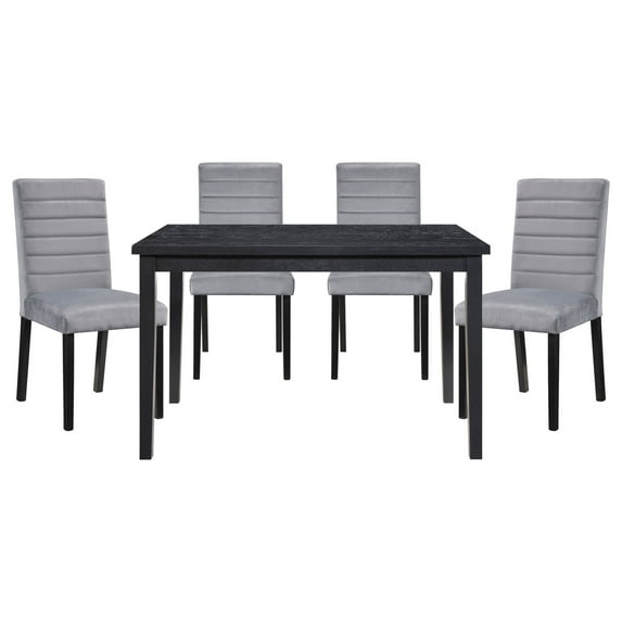 5pc Dining Set: Black Finish Ash Veneer Table + 4 Gray Velvet Chairs ...