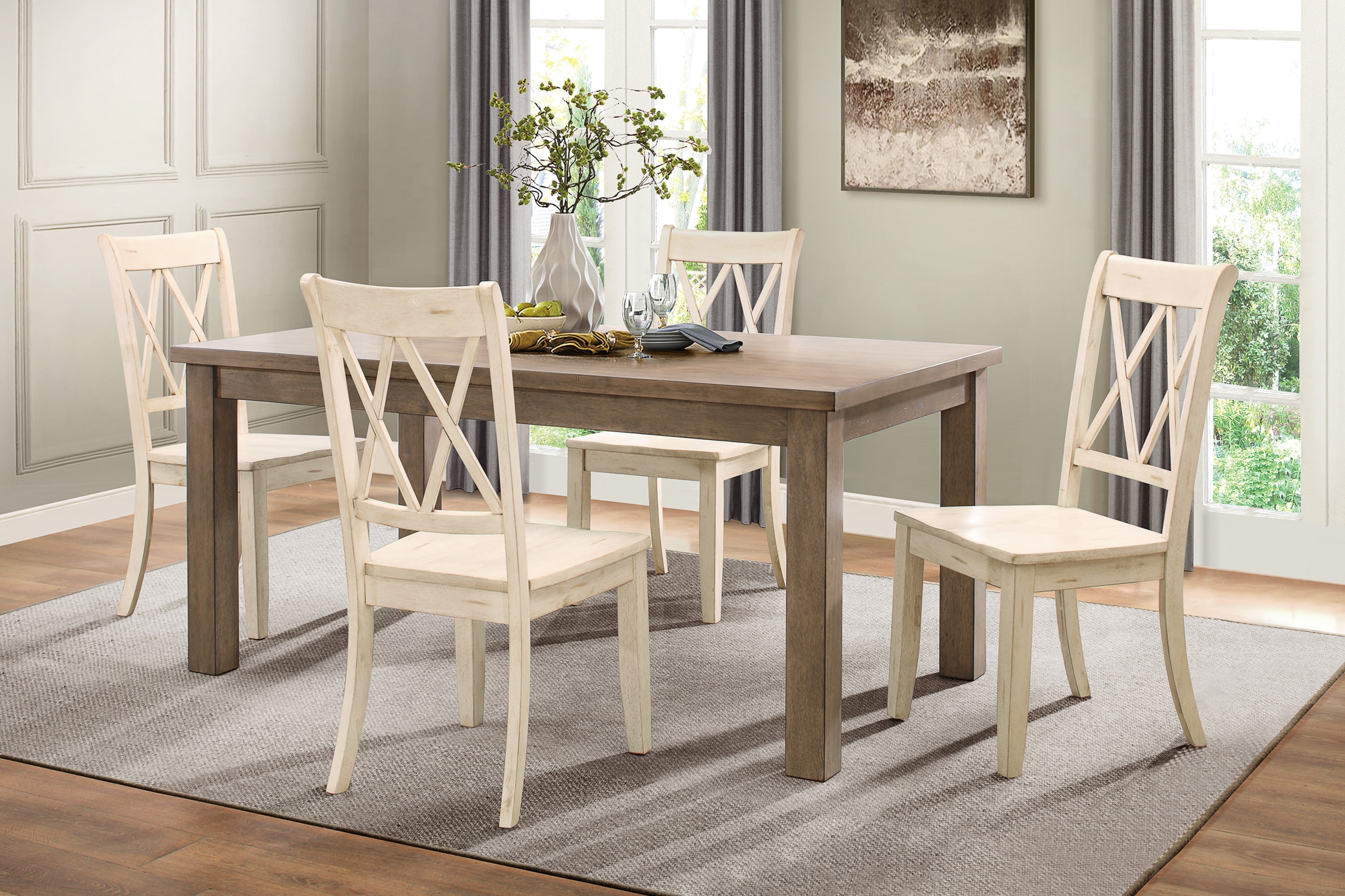 5pc Dining Set Natural Finish Table and 4x Side Chairs White Finish ...