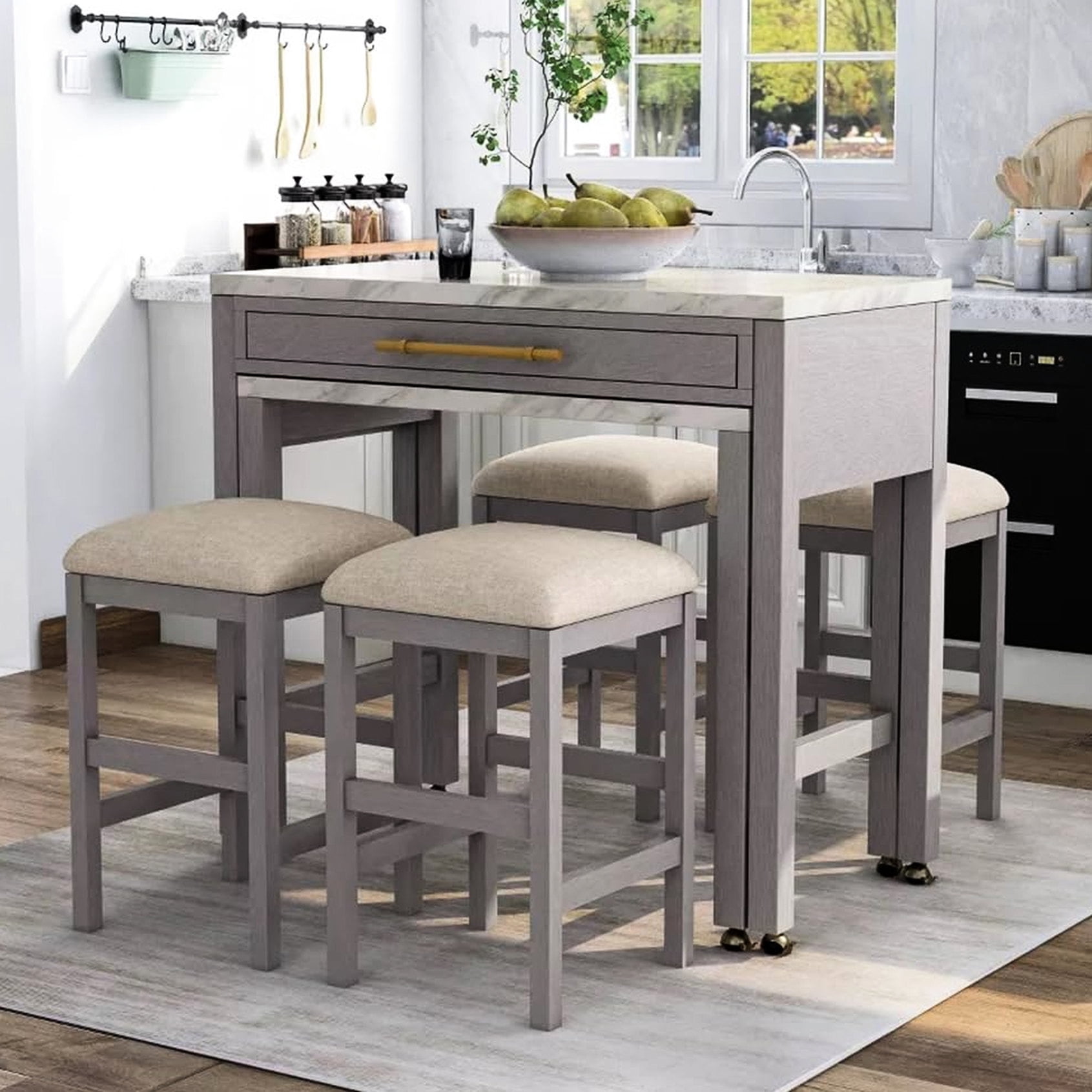 5pc Dining Set with Slide-out Table Top and Caster Legs / Flexible for ...