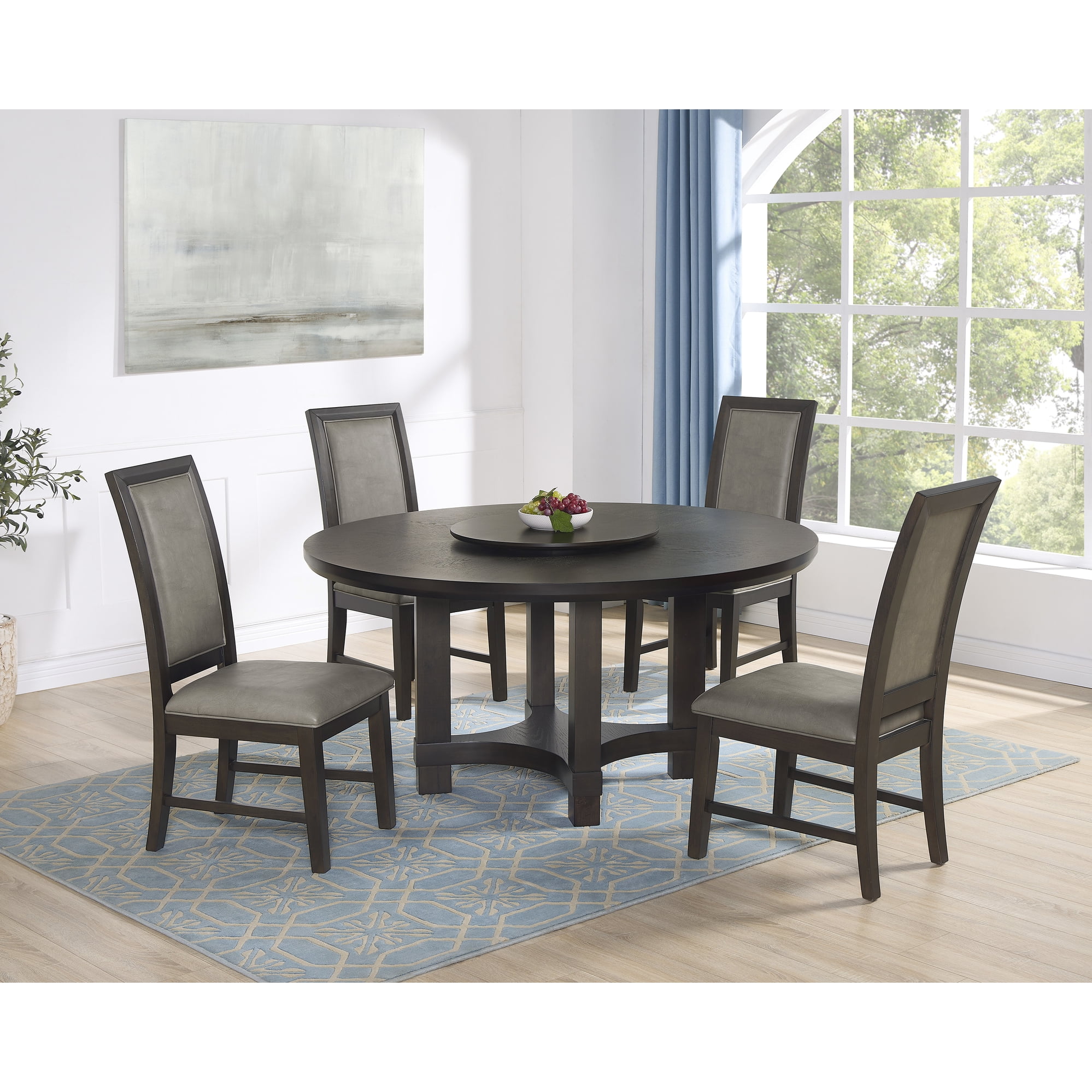 5pc Dining With Round Wooden Table And Lazy , Brown Pu Upholstered Chairs For Area , In Place ...