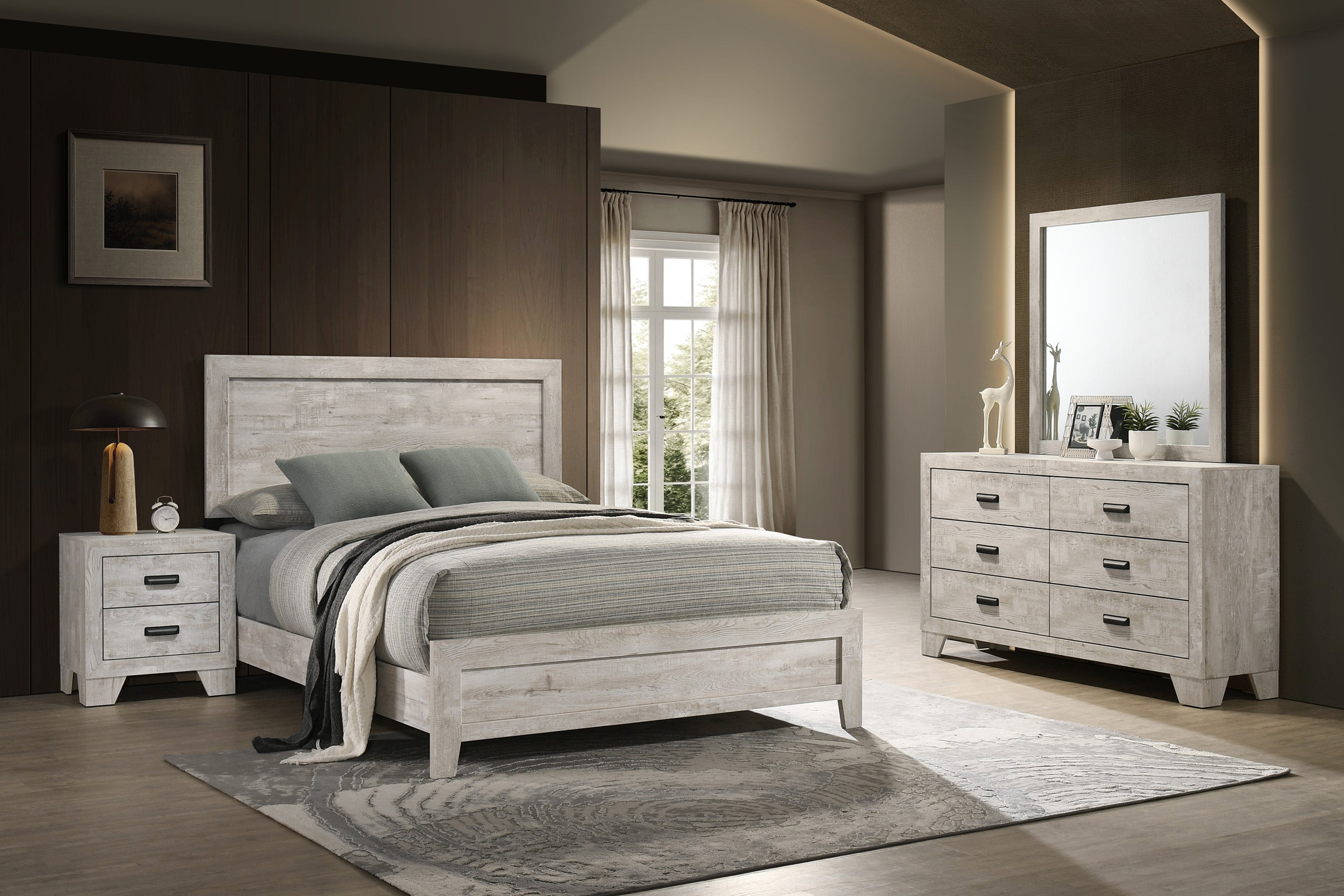 5pc Full Size Panel Bed Set Whitewashed Wood Finish Wooden Bedroom ...