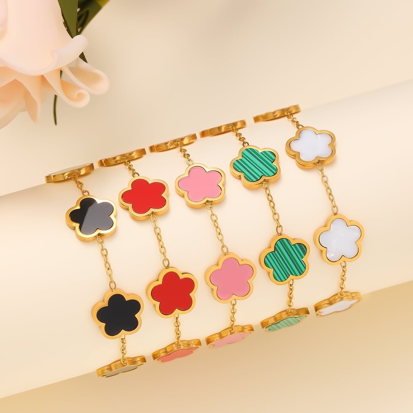 5-Piece Gold Stainless Steel Bracelet Set for Women Four-Leaf Clover ...