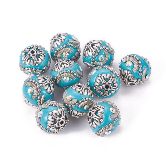5pc Handmade Indonesia Beads with Rhinestone and Brass Findings Round ...